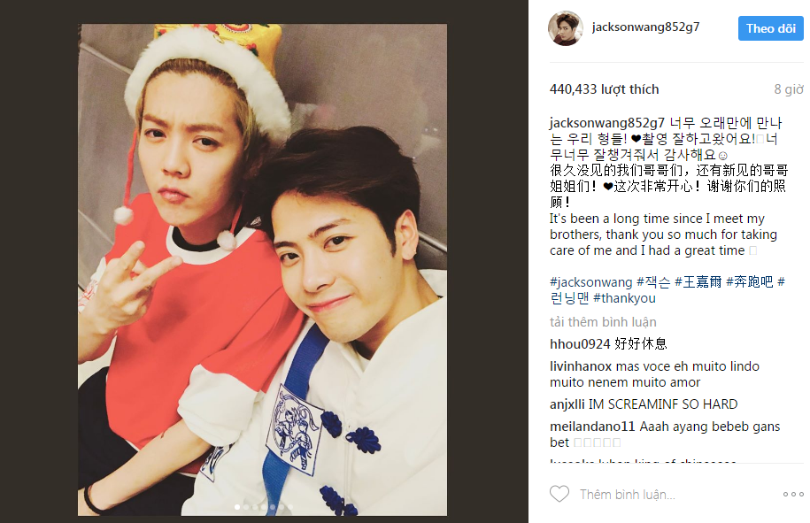 Jackson (GOT7) đăng ảnh chụp chung với Luhan (EXO)