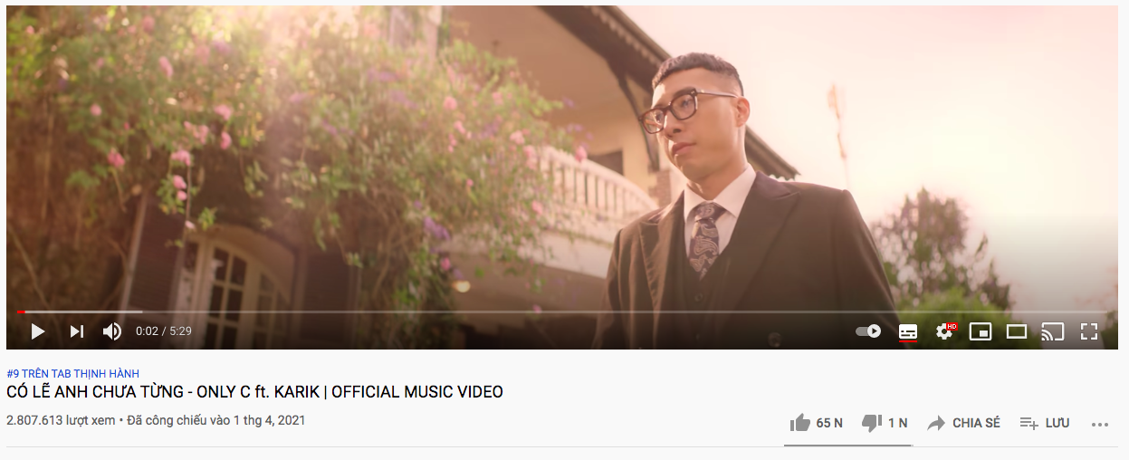 Only C giành nút vàng YouTube ngay sau MV kết hợp cùng Karik
