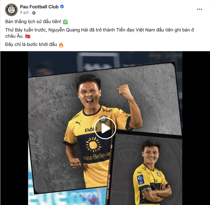 Pau FC: "Bàn thắng của Quang Hải chỉ là bước khởi đầu"