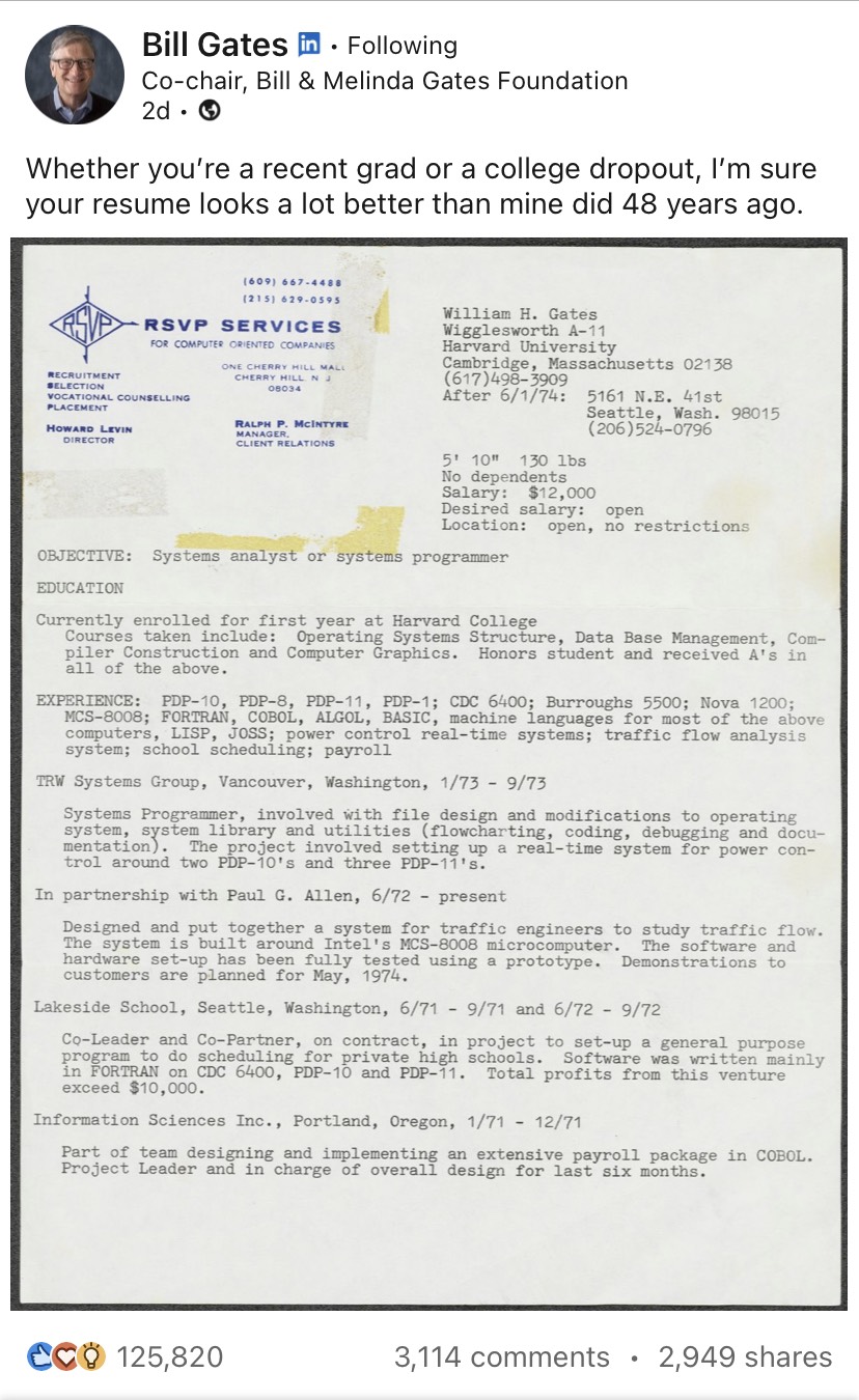 CV xin việc của tỷ phú Bill Gates cách đây gần 50 năm