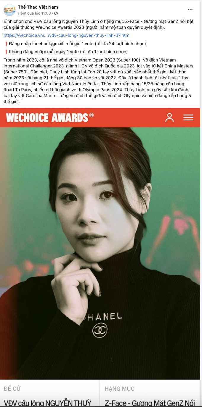 Cộng đồng fan thể thao kêu gọi bình chọn cho 5 ngôi sao thể thao tại WeChoice Awards 2023