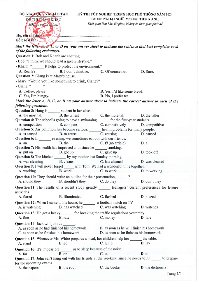 Đề thi minh họa tốt nghiệp THPT năm 2024 môn tiếng Anh