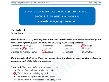 Gợi ý giải đề thi môn Anh văn tốt nghiệp THPT 2011